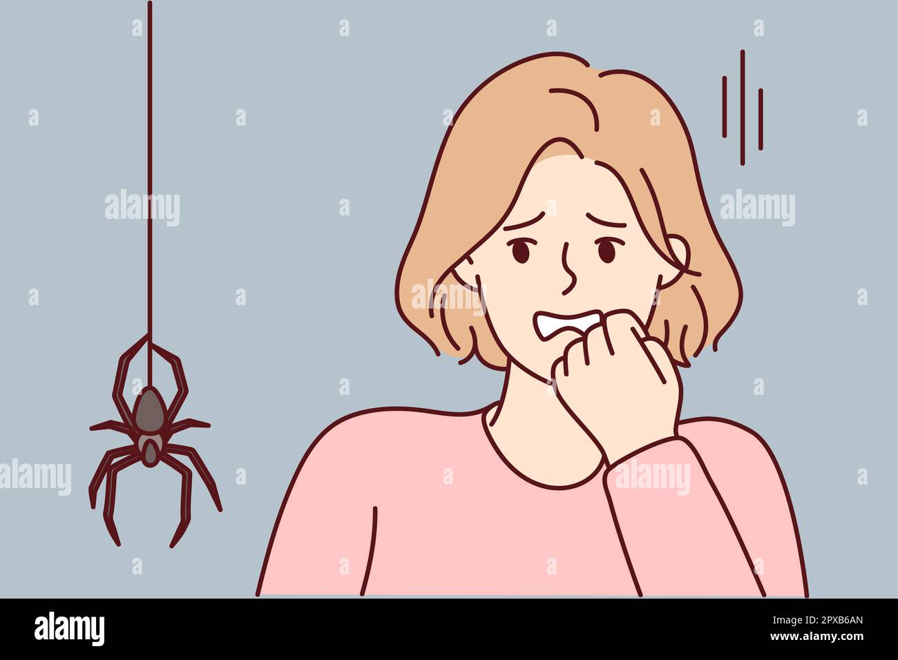 Frightened woman puts hand to face when sees large spider descending ...