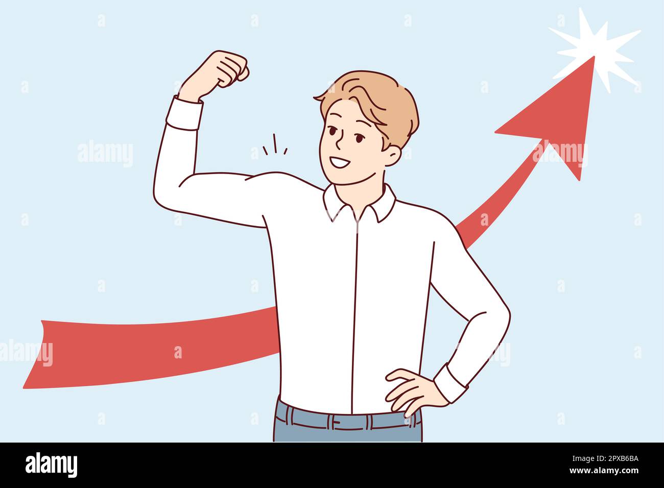 Happy man in white shirt showing biceps while standing near arrow ...