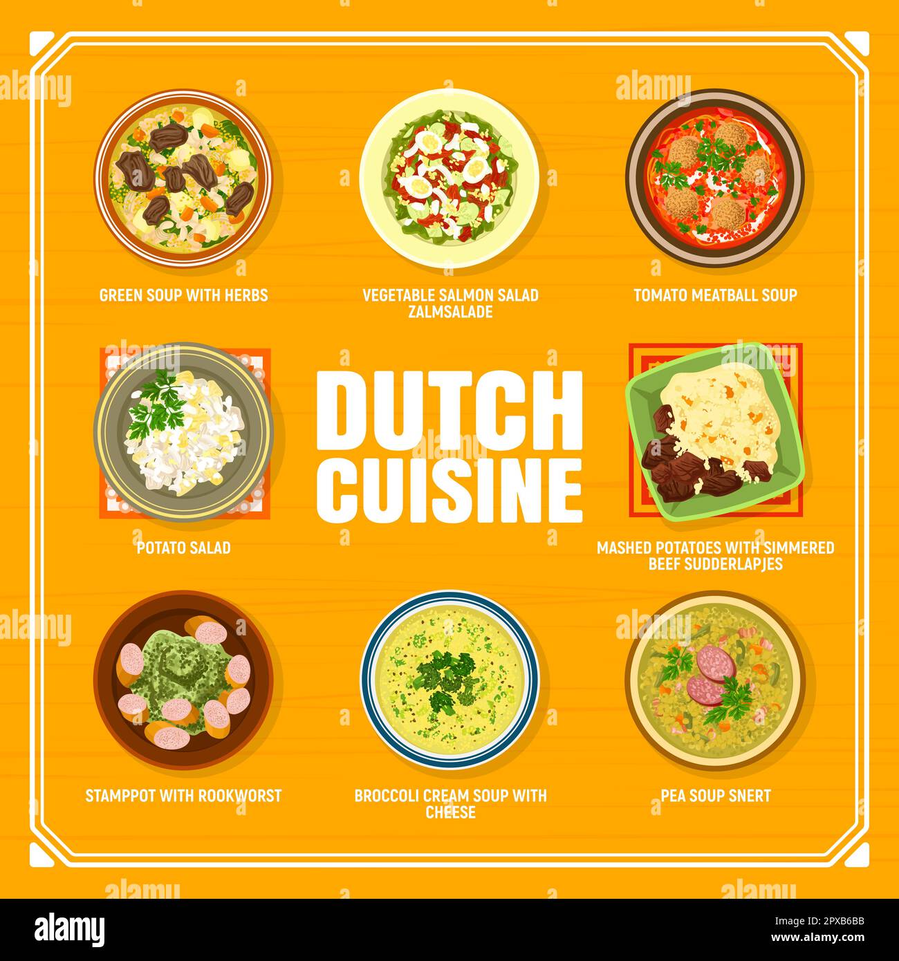 Dutch cuisine meals menu template. Green soup with herbs, Stamppot with ...