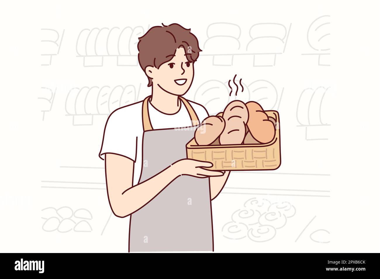 Man baker holds tray of hot bread prepared for customers of family ...