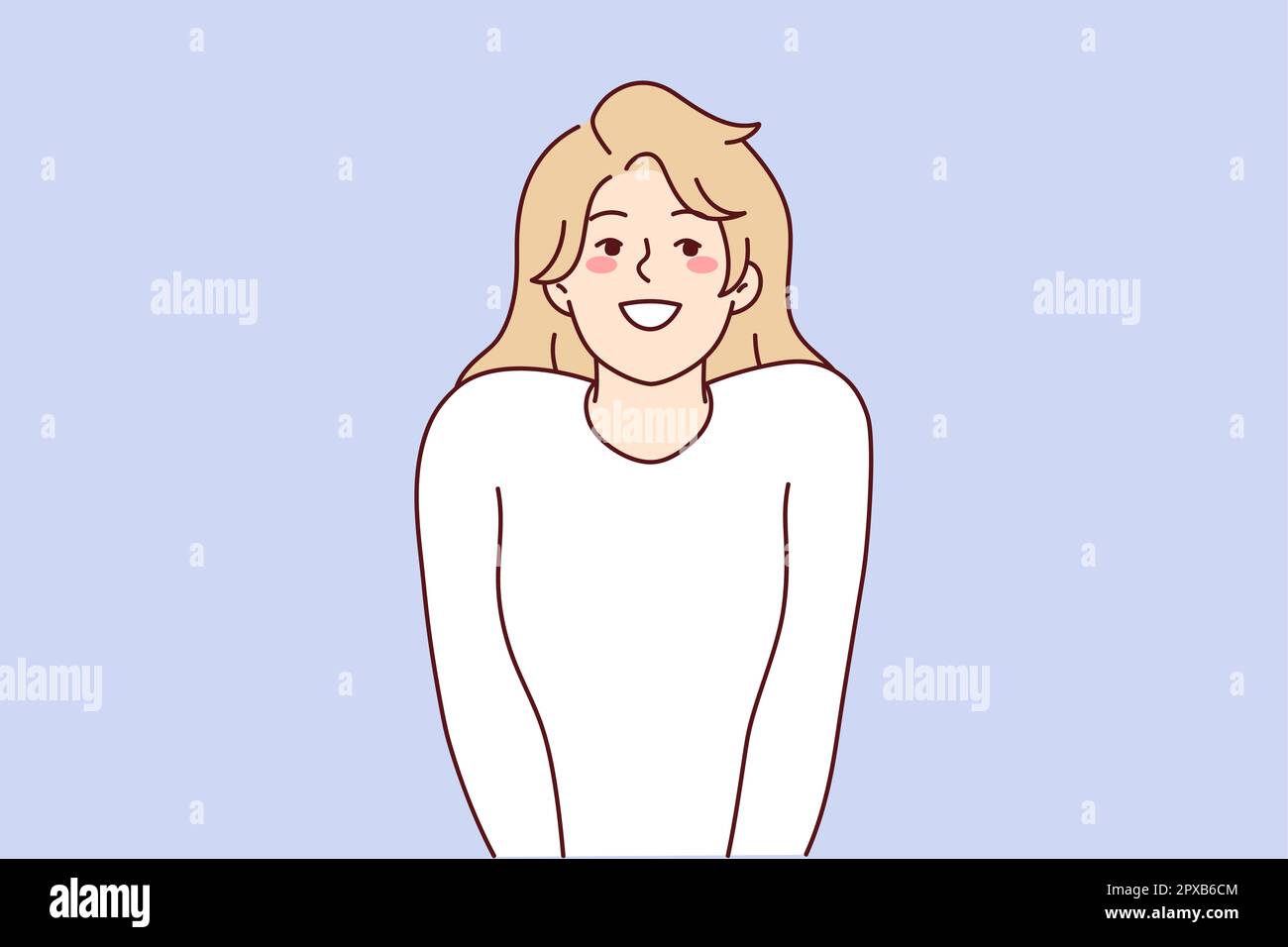 Modest attractive woman stands in shy pose pressing hands to body ...