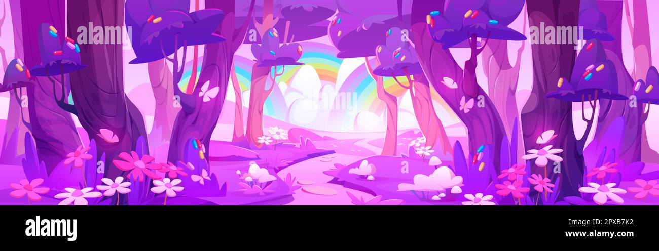 Pink magic forest with rainbow cartoon vector landscape. Fairytale ...