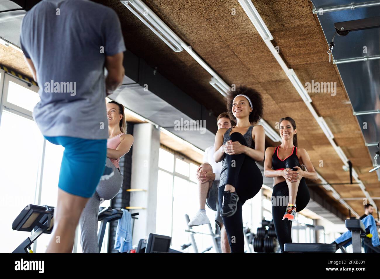 Group of fit people working out in a gym. Multiracial friends ...