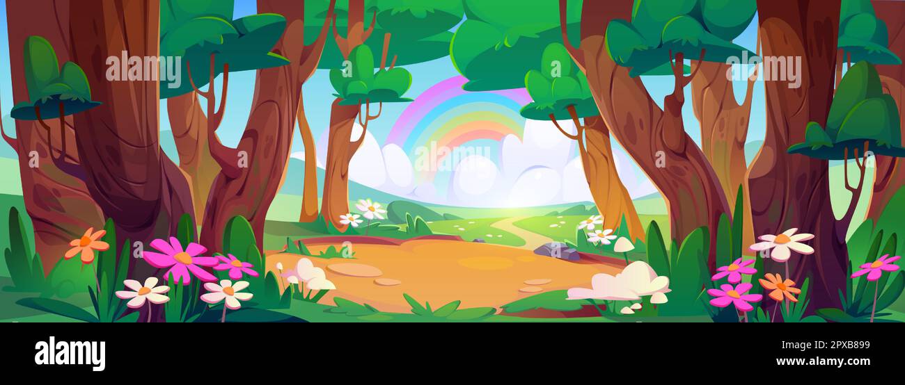 Flower field in spring with rainbow in forest cartoon vector landscape ...