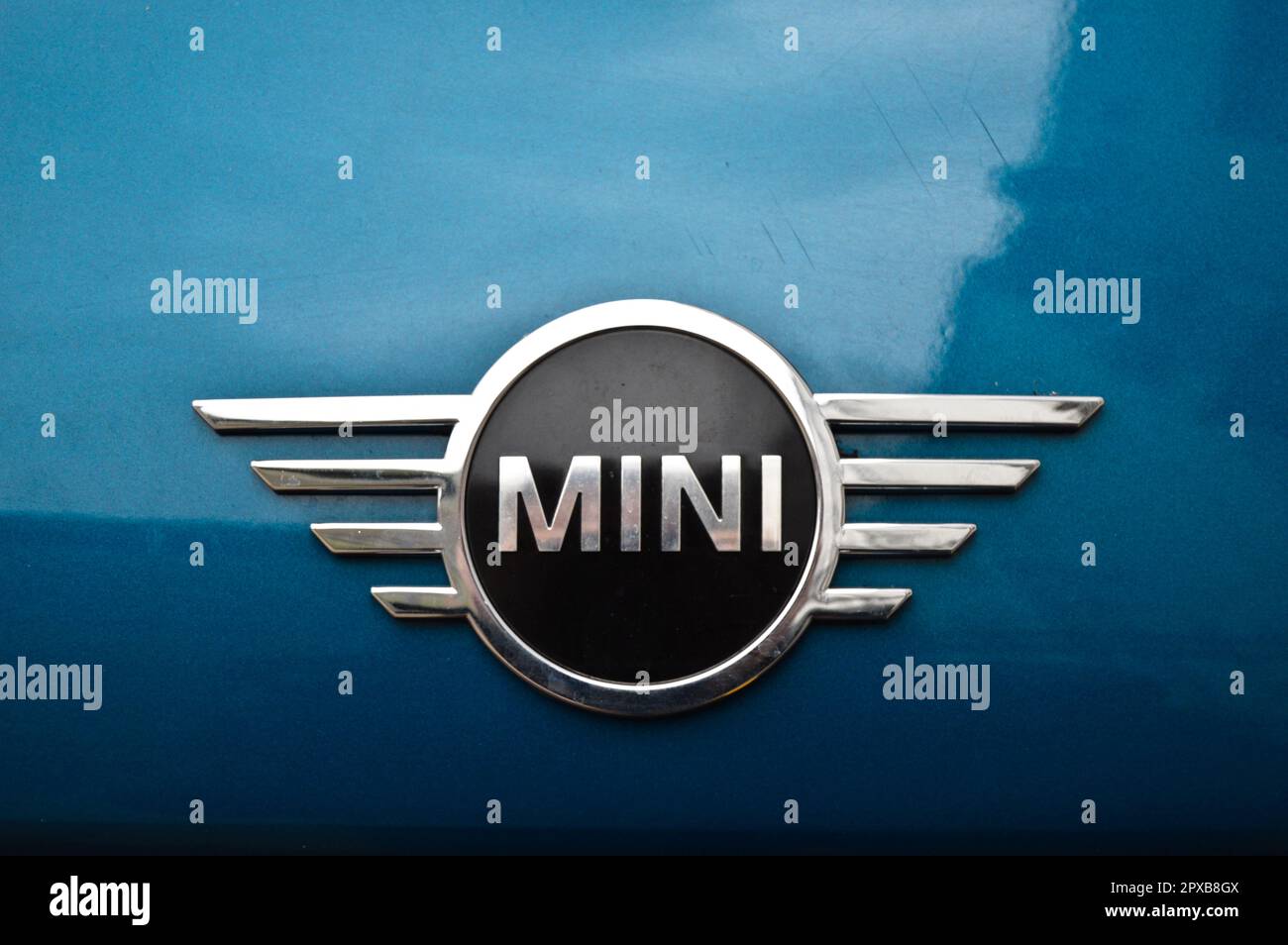 Mini cooper chrome metal logo, luxury mini blue car in Istanbul city ...