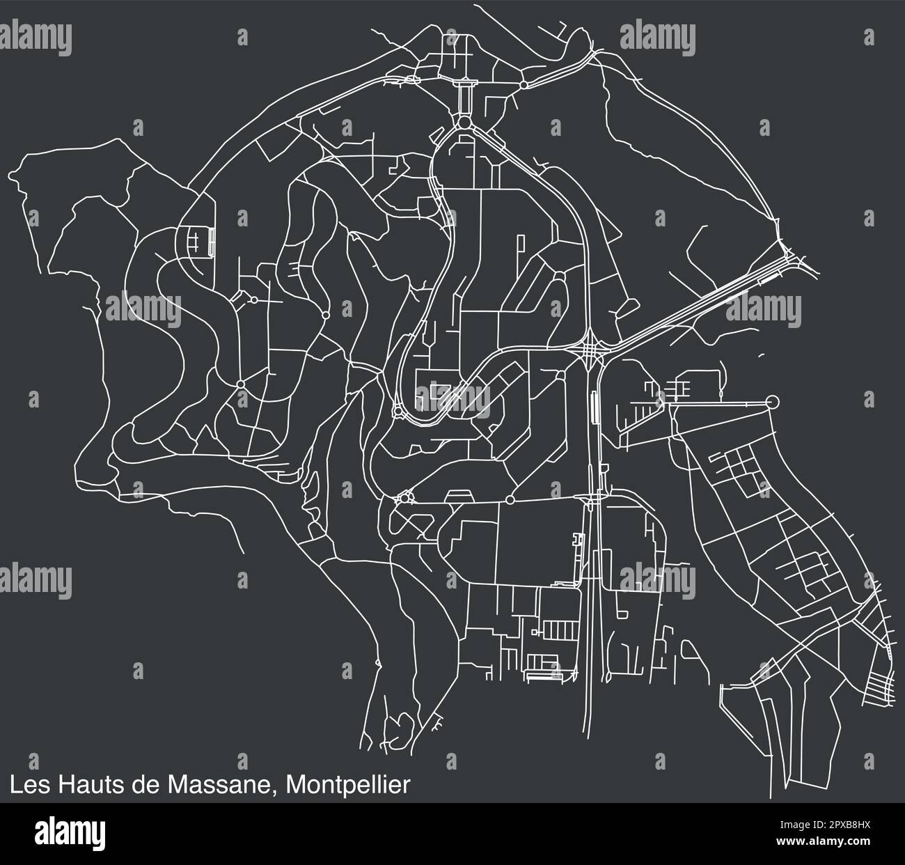 Street roads map of the LES HAUTS DE MASSANE NEIGHBOURHOOD, MONTPELLIER ...