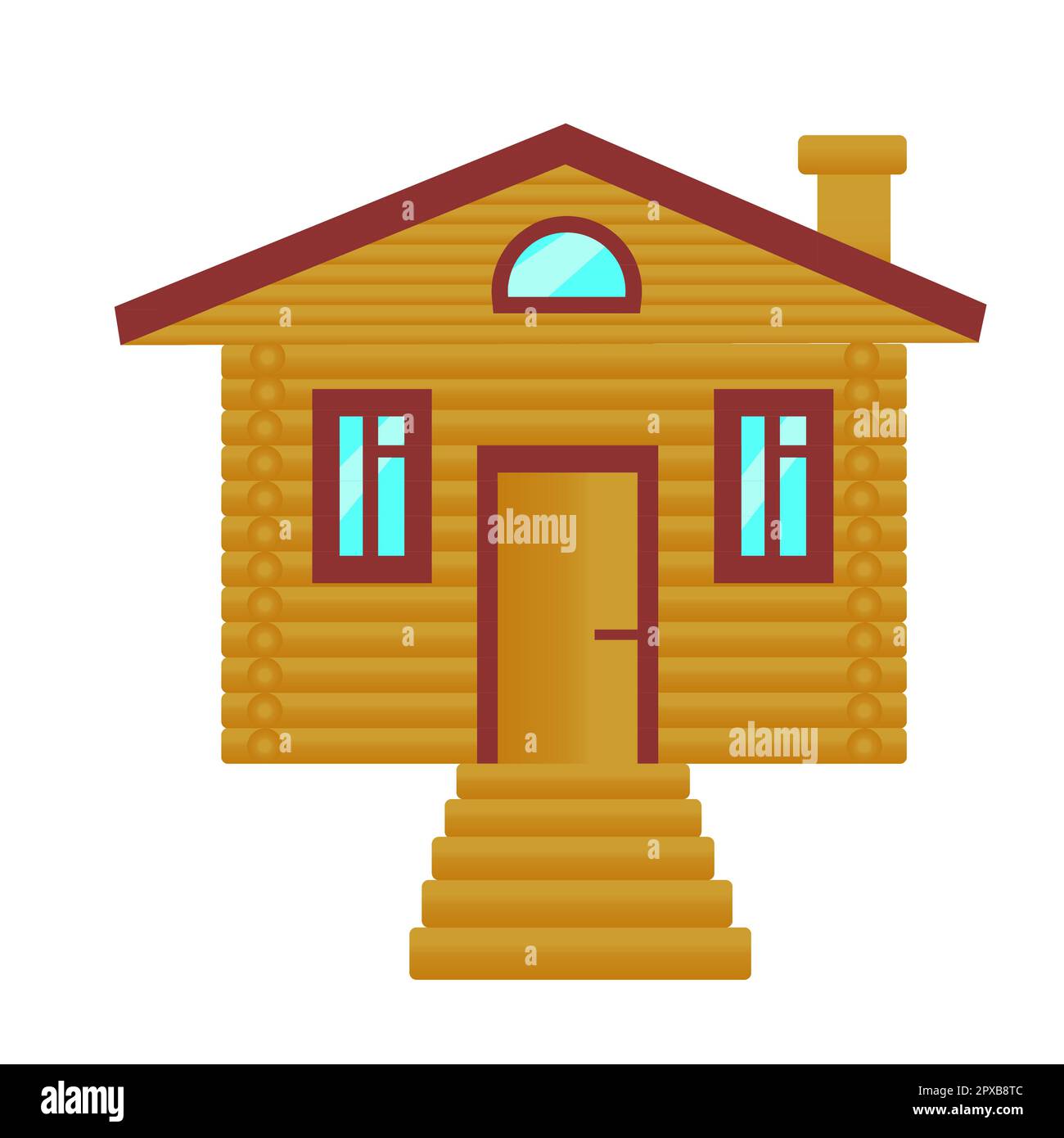 Wooden house of brown logs with a porch and red roof on a white ...