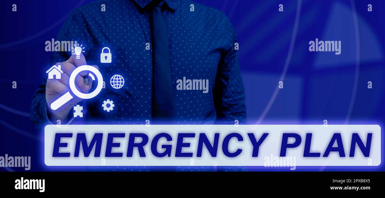 Sign displaying Emergency Plan, Word for Procedures for response to ...