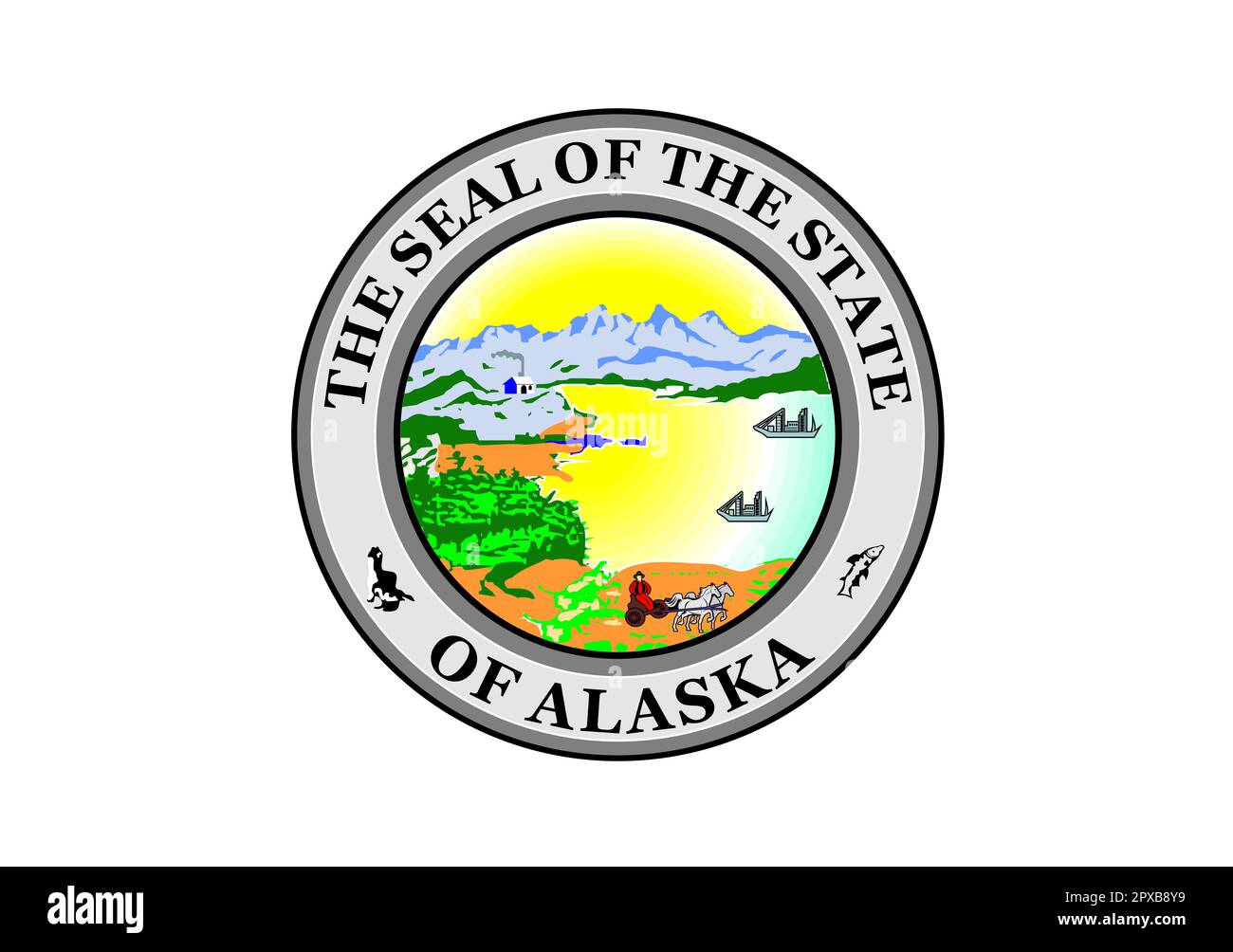 Coat of arms of the US state of Alaska on white background on fabric ...