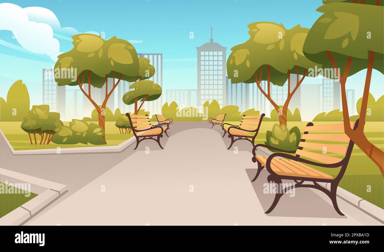 Spring or summer park landscape with trees benches and modern city on ...