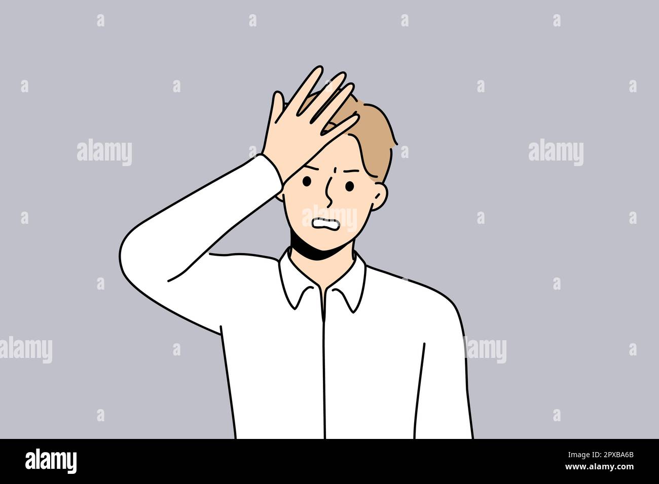 Unhappy young man make hand gesture remembering or forgetting something ...