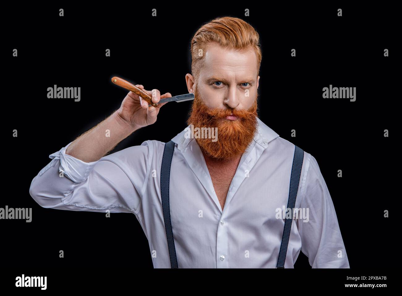 barber man with retro razor blade. photo of barber man on background ...