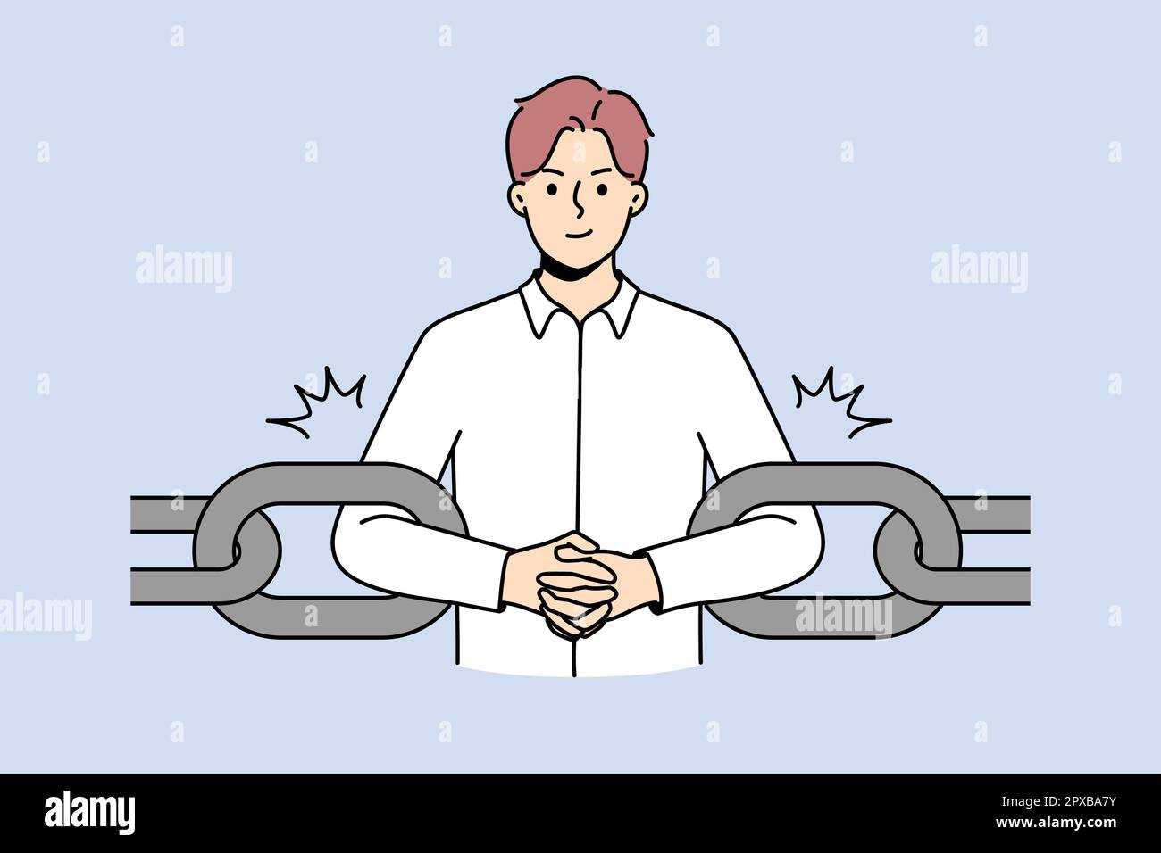 Young businessman as part of chain. Male employee or worker as link of ...