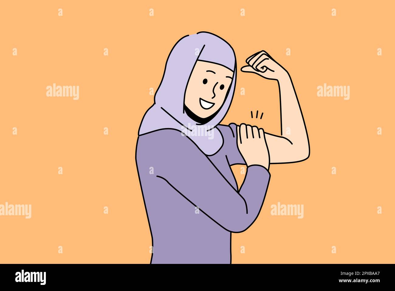 Smiling young woman in hijab show muscle demonstrate power. Happy ...