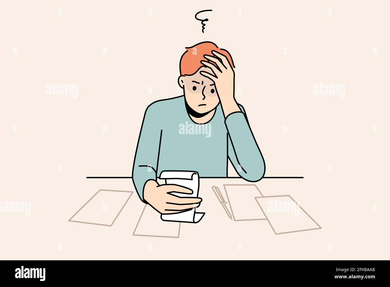 Confused young man sit at table frustrated with bills and expenses ...