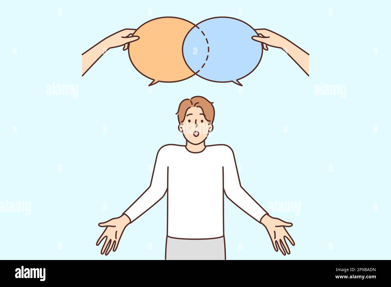 Confused young man with speech bubbles above head think making decision ...