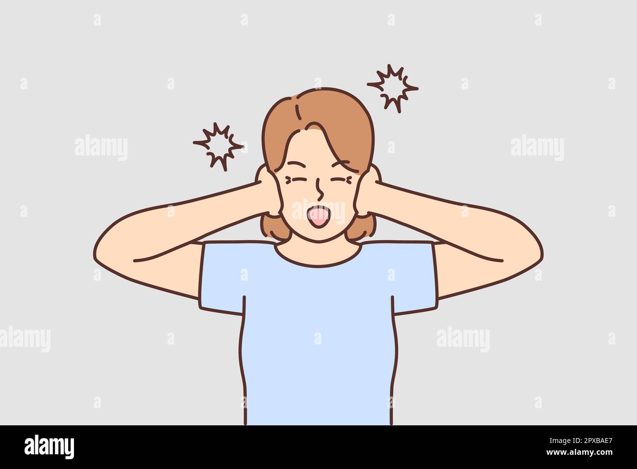 Stressed young woman cover ears suffer from excessive noise. Unhappy ...