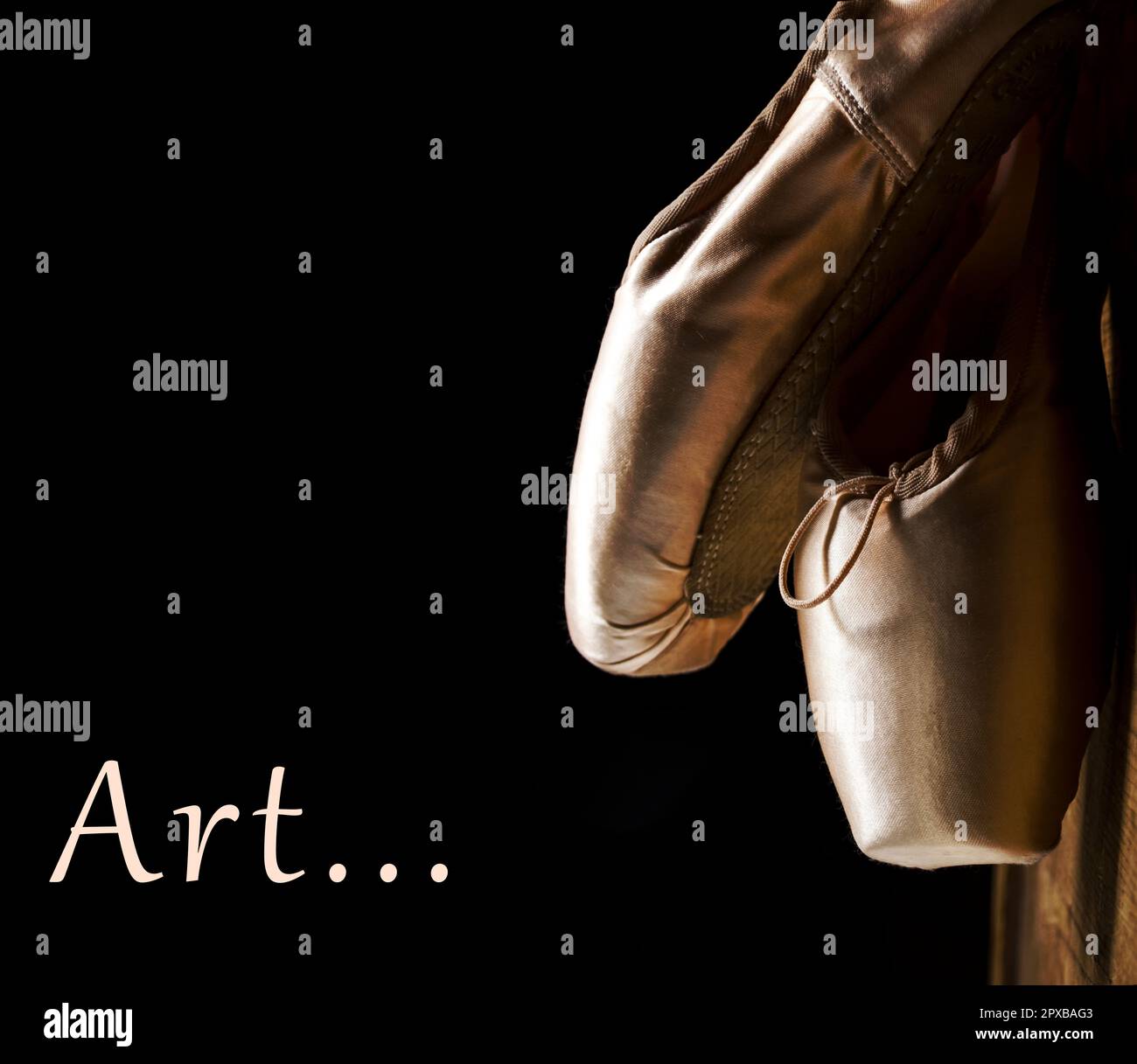 Ballet pointe shoes hanging over black background. Art concept still ...