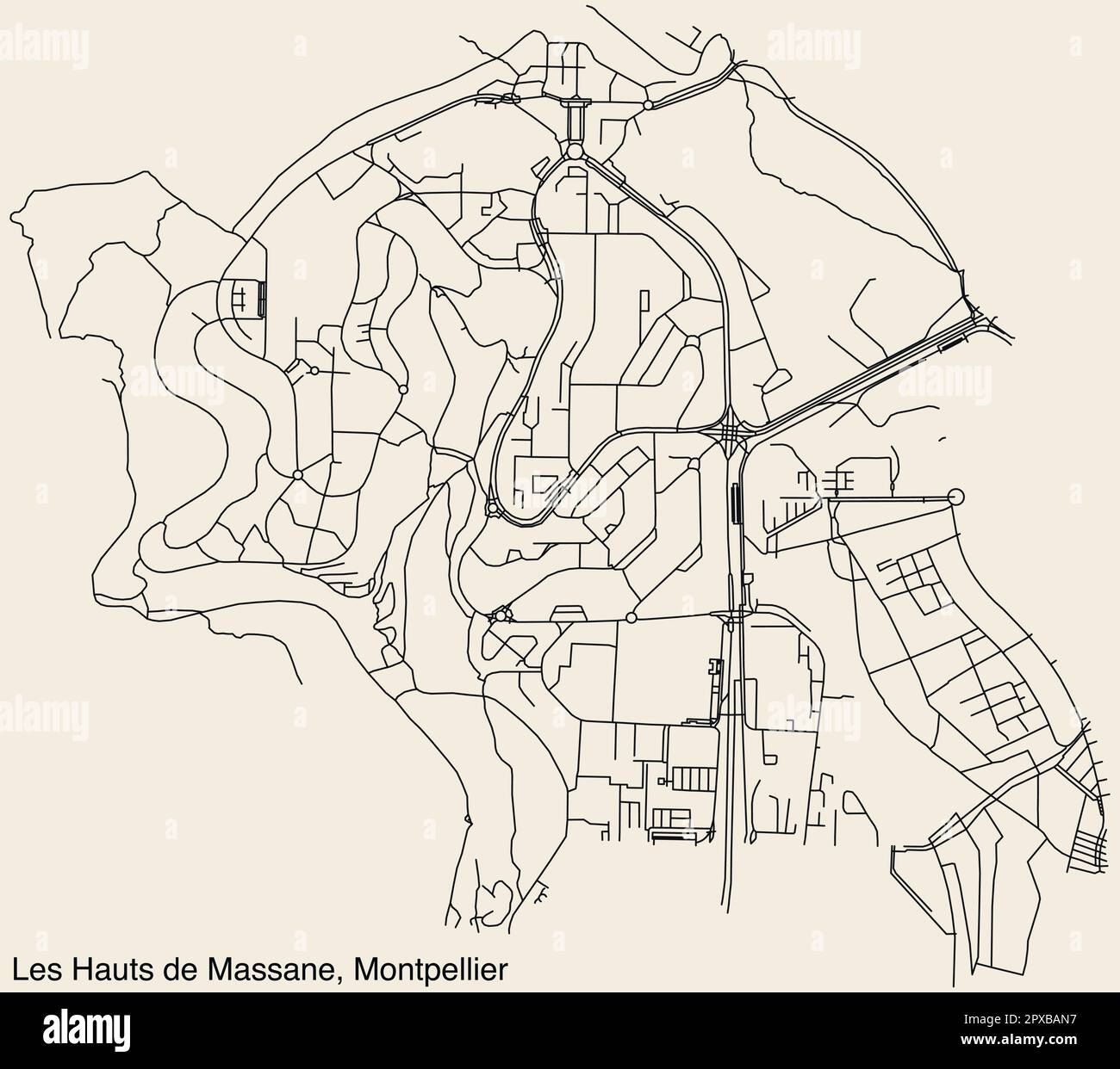 Street roads map of the LES HAUTS DE MASSANE NEIGHBOURHOOD, MONTPELLIER ...