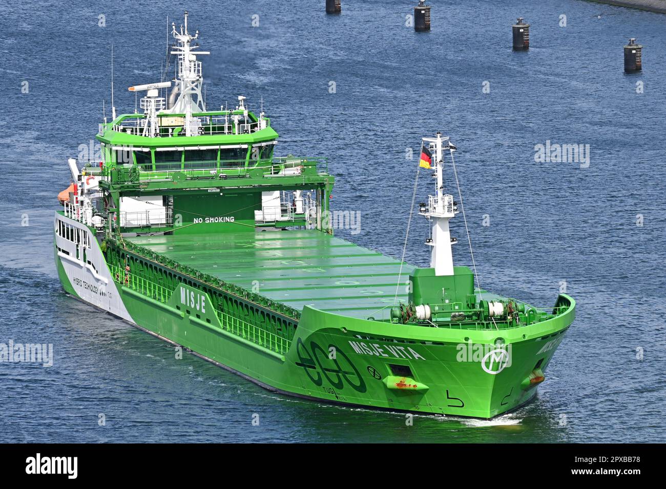 Hybrid powered General Cargo Ship MISJE VITA passing the Kiel Canal for the very first time ...