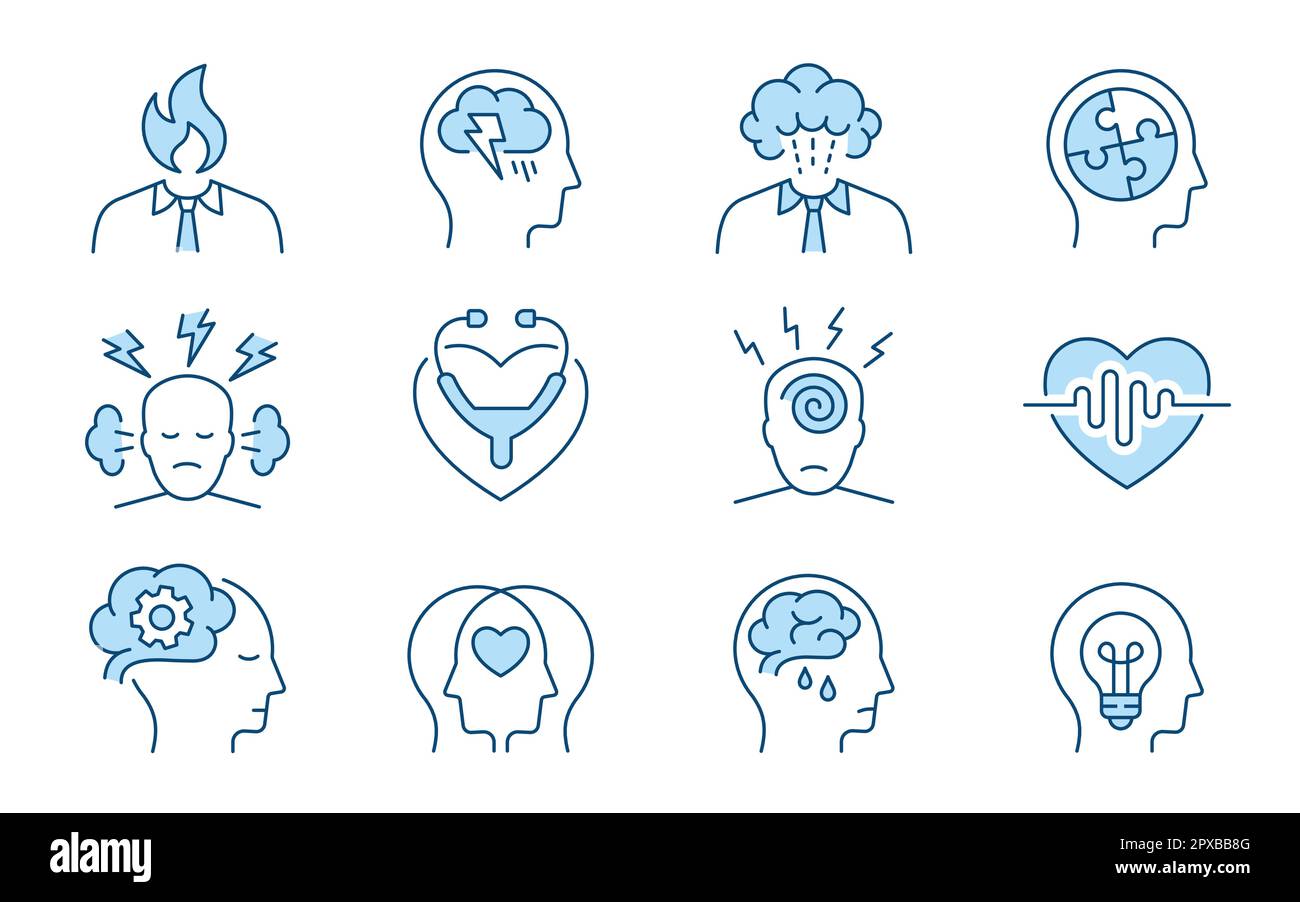 Mental health icons, such as charity, anxiety, therapy, panic attack ...