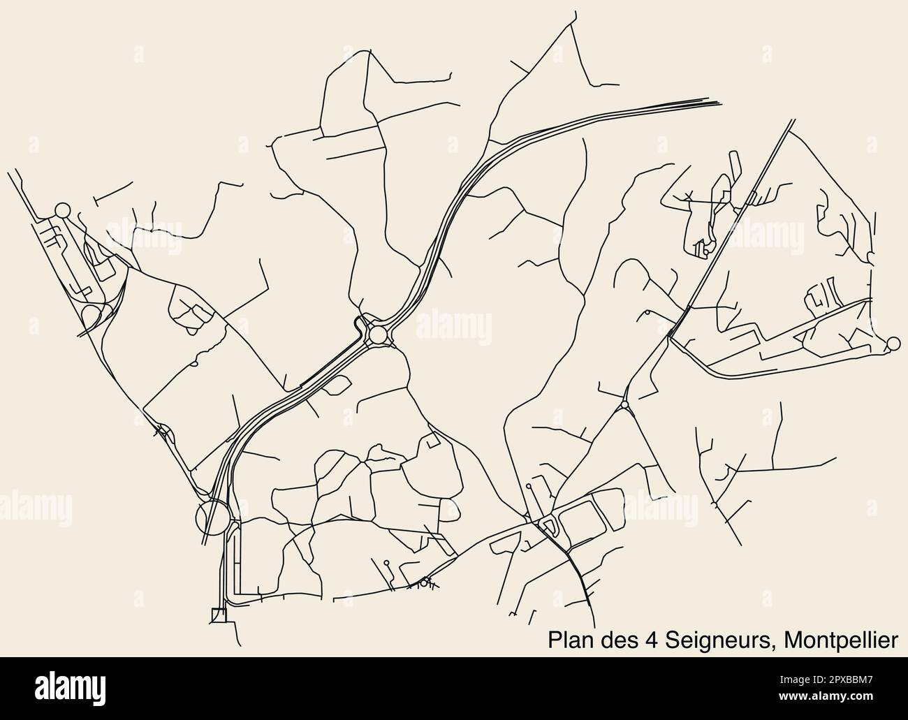 Street roads map of the PLAN DES 4 SEIGNEURS NEIGHBOURHOOD, MONTPELLIER ...