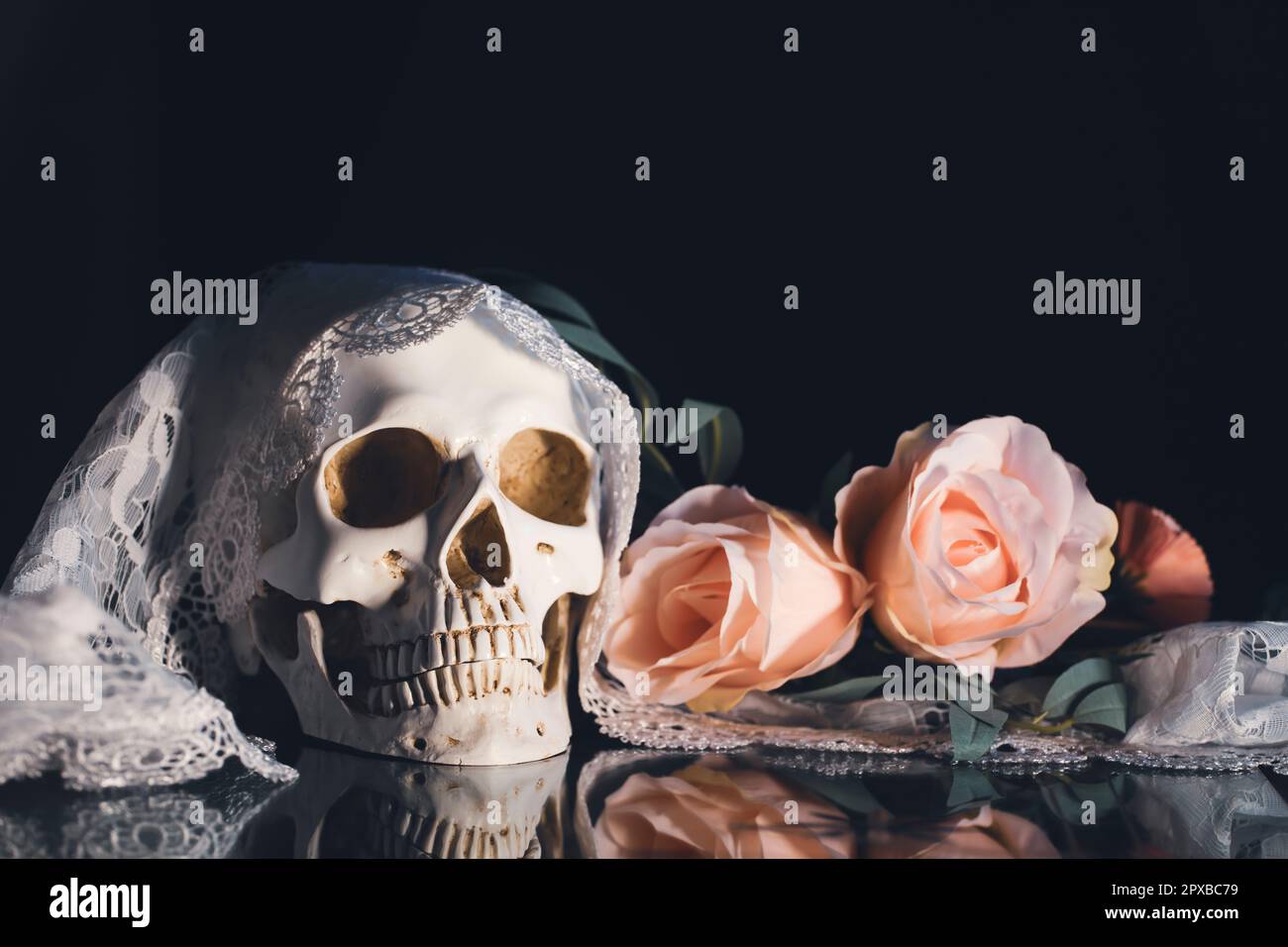 Skull with bride veil and pastel pink rose flowers. Calavera Catrina ...
