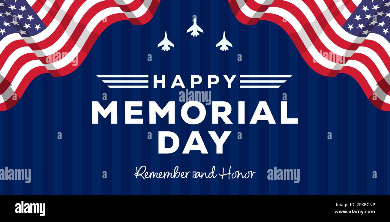 flat design happy memorial day with silhouette aircraft and american ...