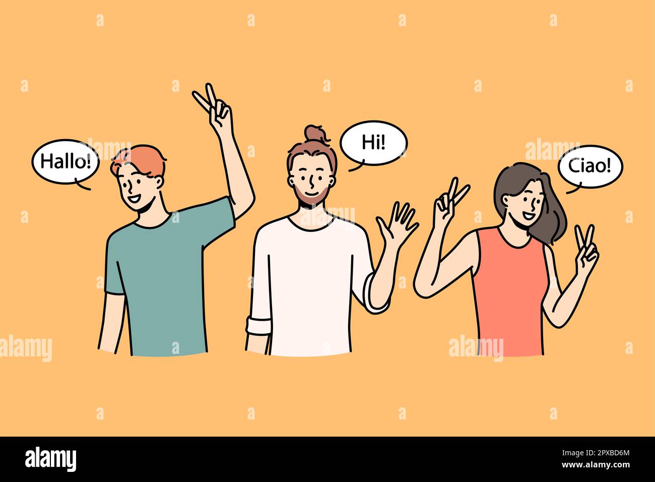 Smiling multiracial people waving hands greeting in different languages ...