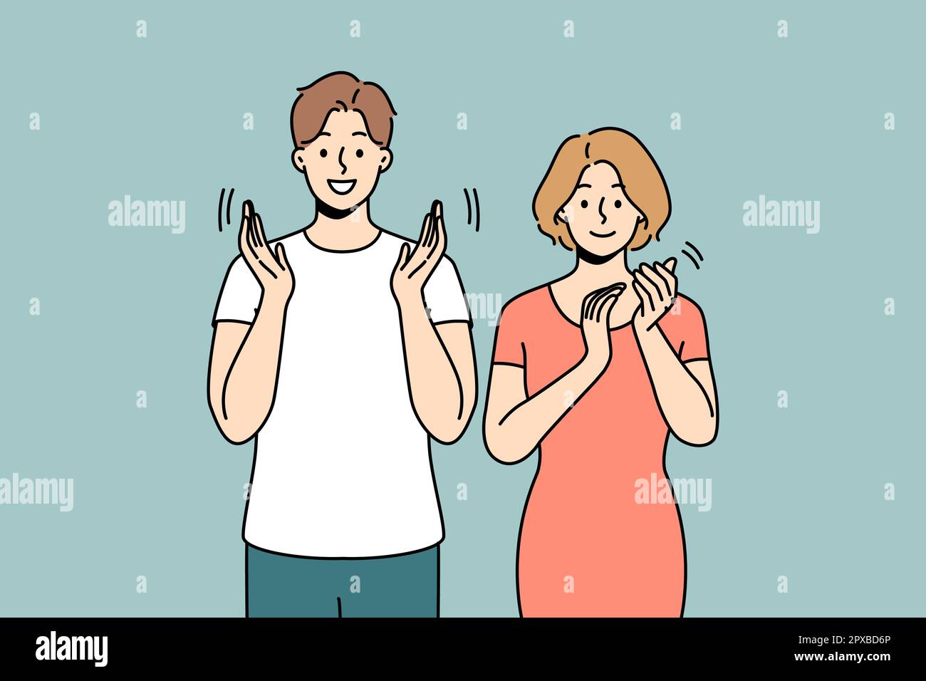 Smiling people clap hands meet welcome someone. Happy man and woman ...