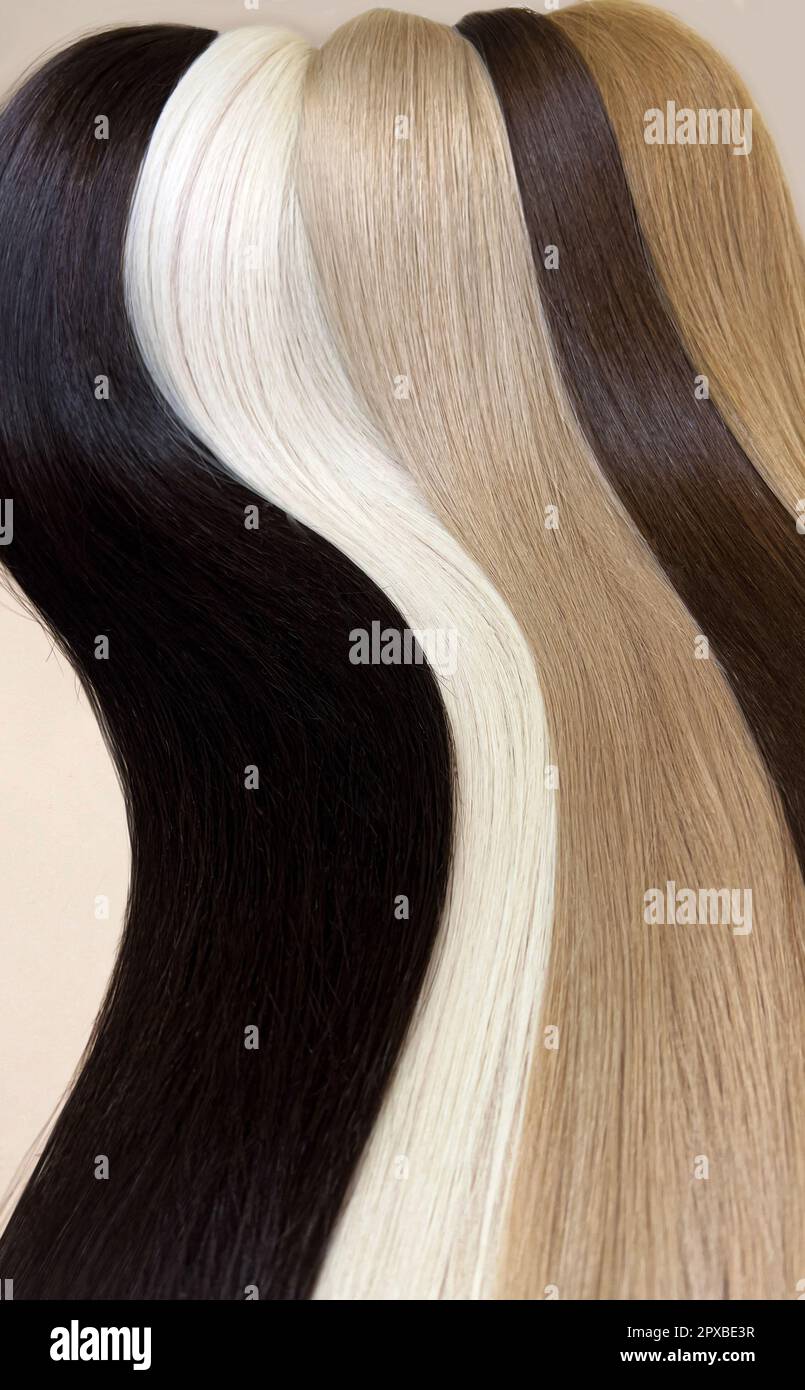Strands of natural hair of different colors for extensions. Hair color ...
