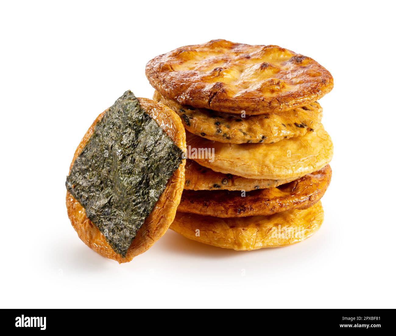 Sembei rice crackers placed on a white background. Senbei is a Japanese ...