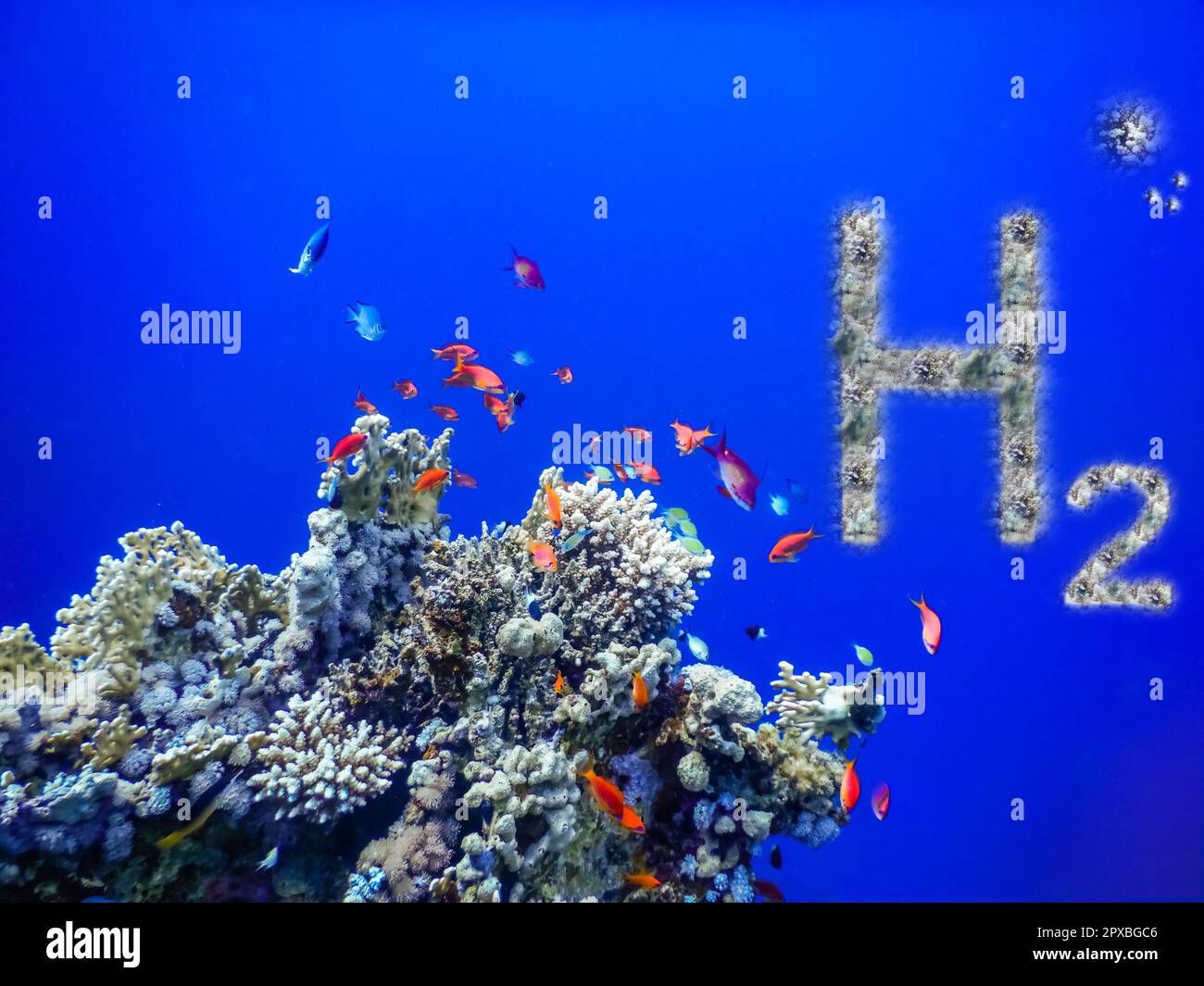 renewable pure energy colorful h2 hydrogen in deep blue water with ...