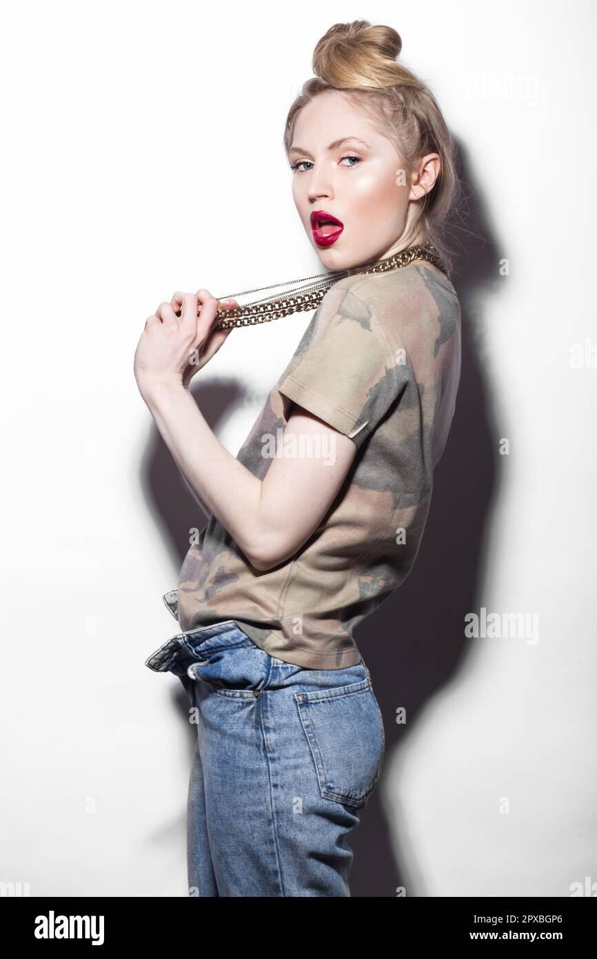 Daring girl in dress style 90s with the image of a revolutionary ...