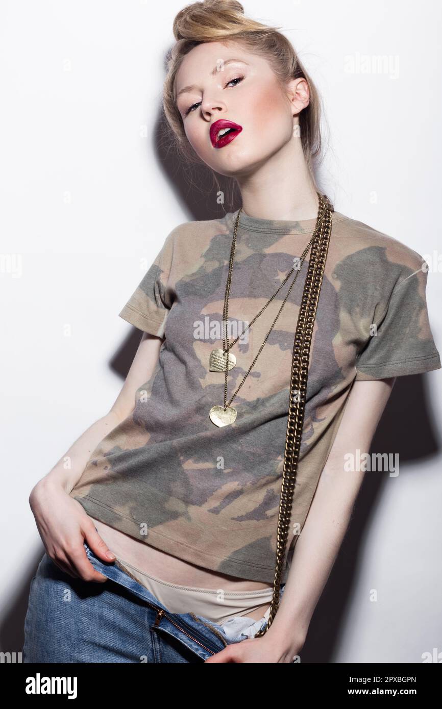 Daring girl in dress style 90s with the image of a revolutionary ...