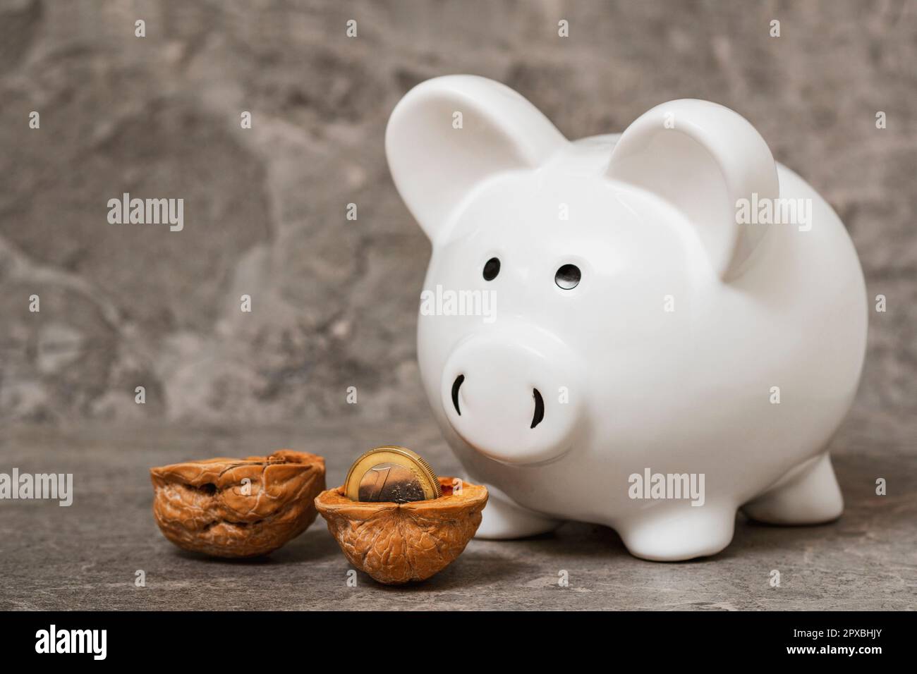 Piggy bank standing next to cracked walnut shell and one euro coin ...