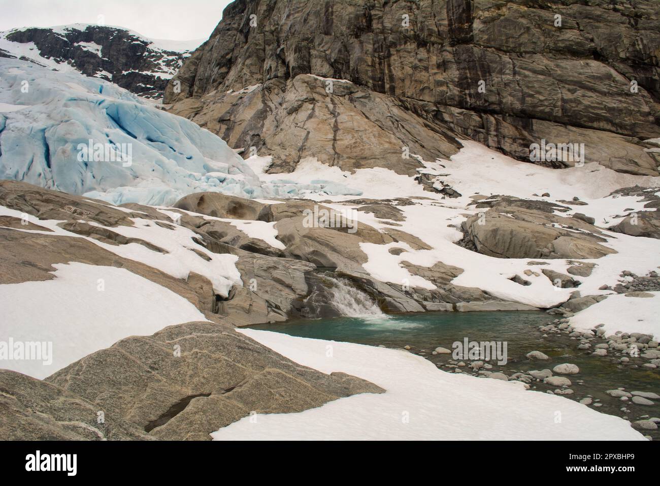 Glacier landscape with ice and rocks in Norway, illustrating retreating ...