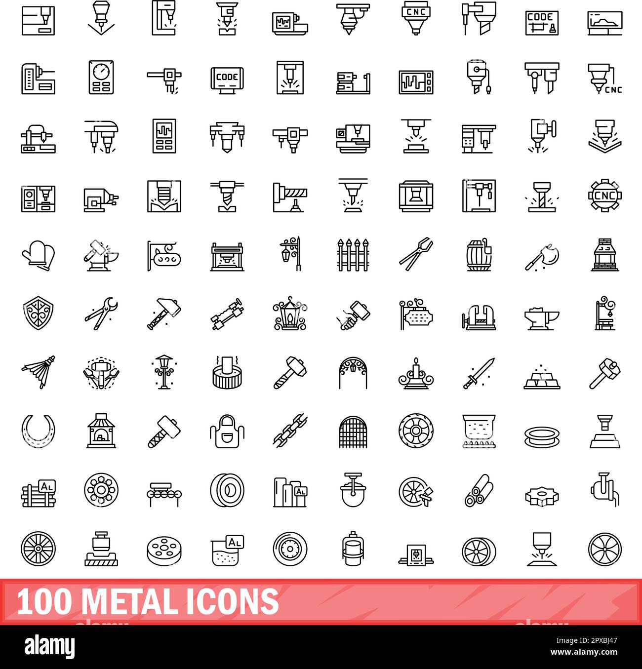 100 metal icons set. Outline illustration of 100 metal icons vector set ...