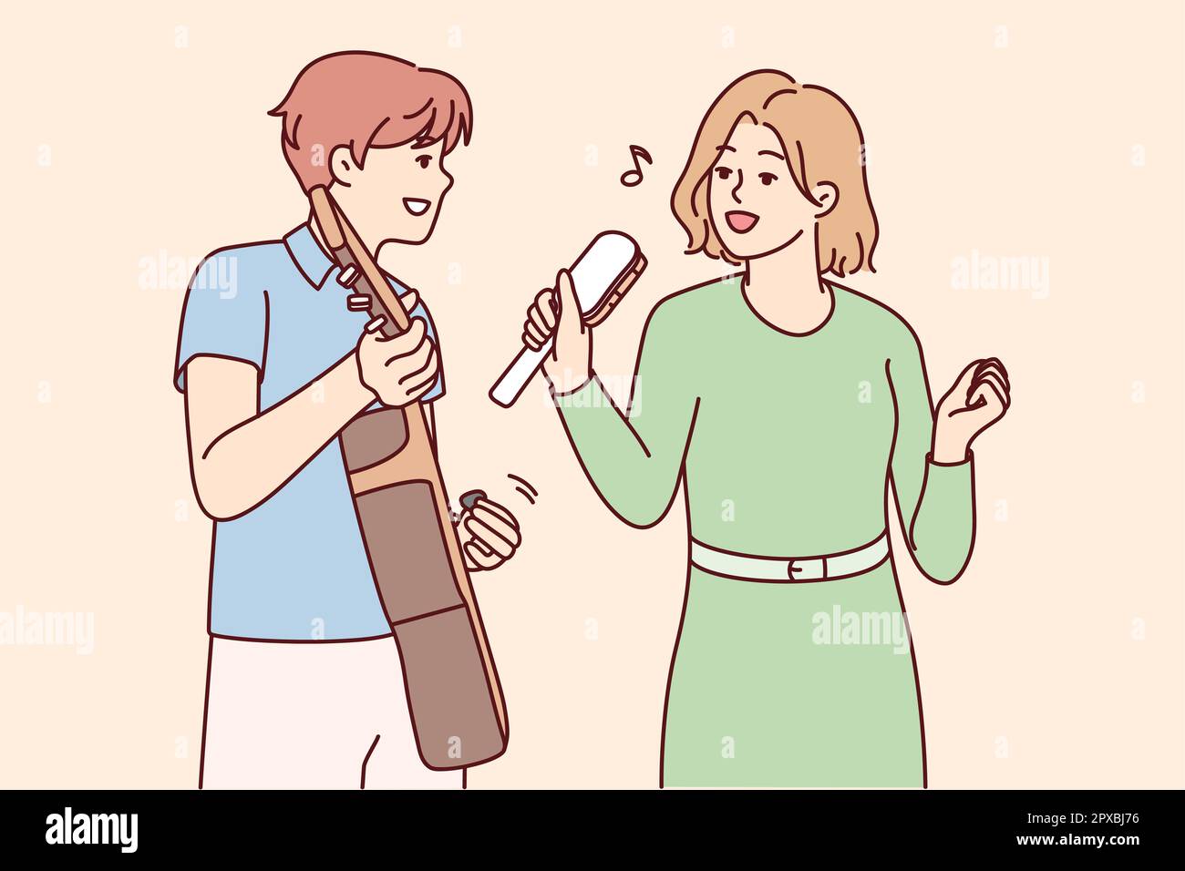 Musical group of man playing guitar and woman with rattle rehearsing ...