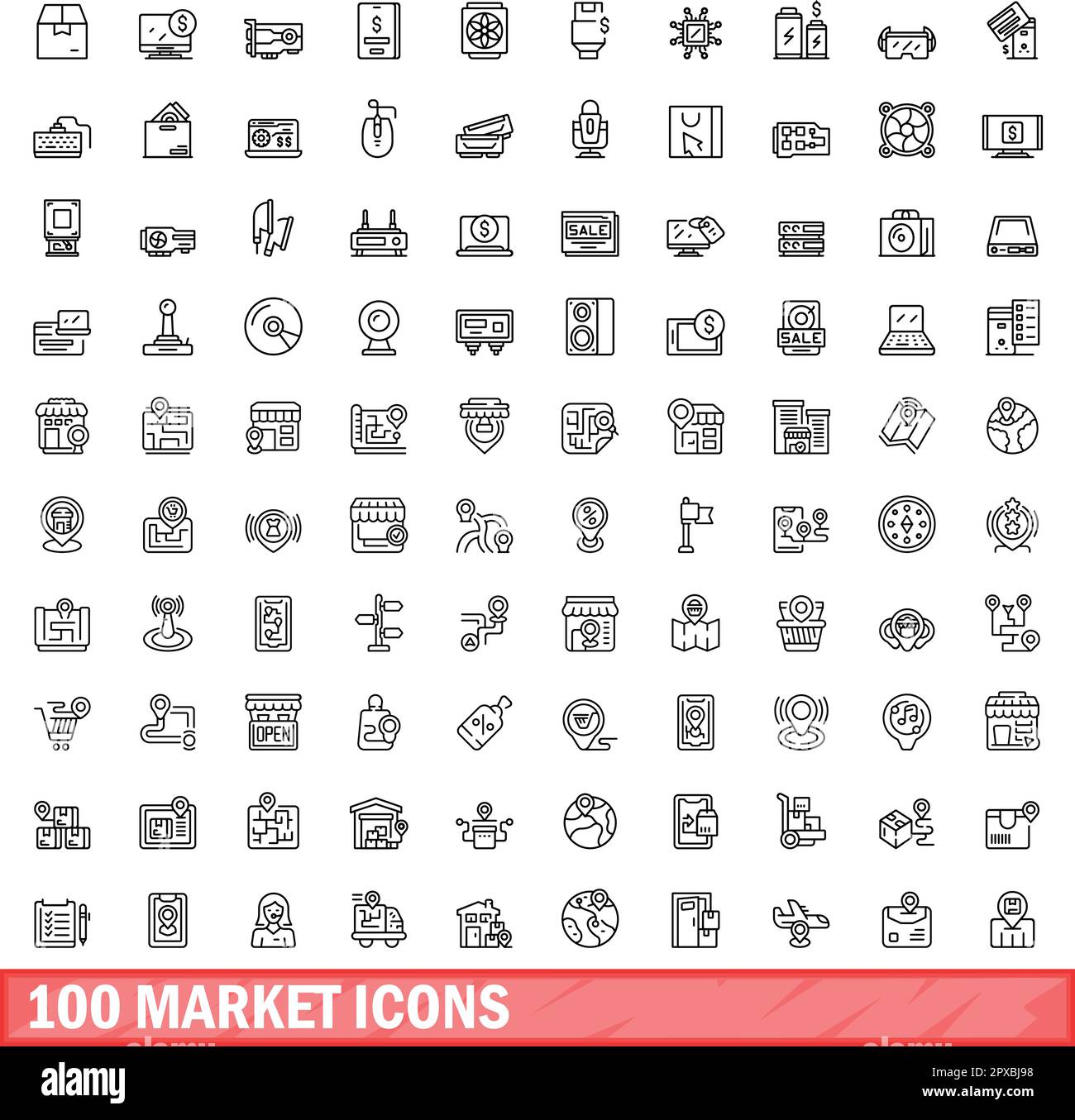 100 market icons set. Outline illustration of 100 market icons vector ...