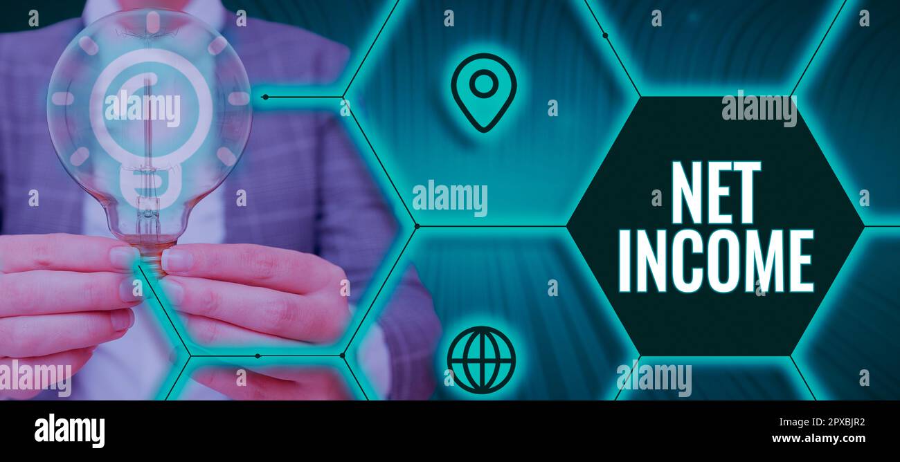 Hand writing sign Net Income, Business overview the gross income ...