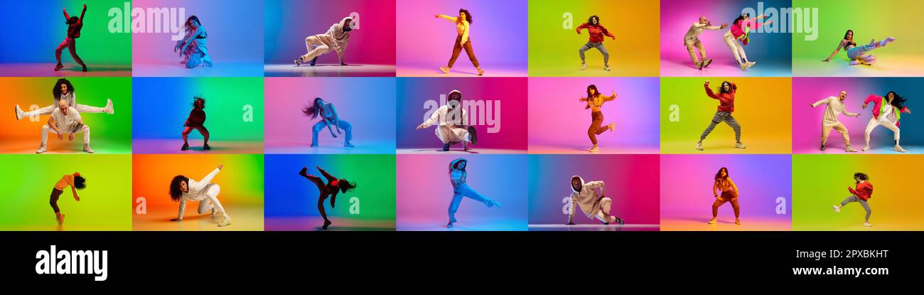 Collage. Dynamic images of talented young people dancing hip-hop ...