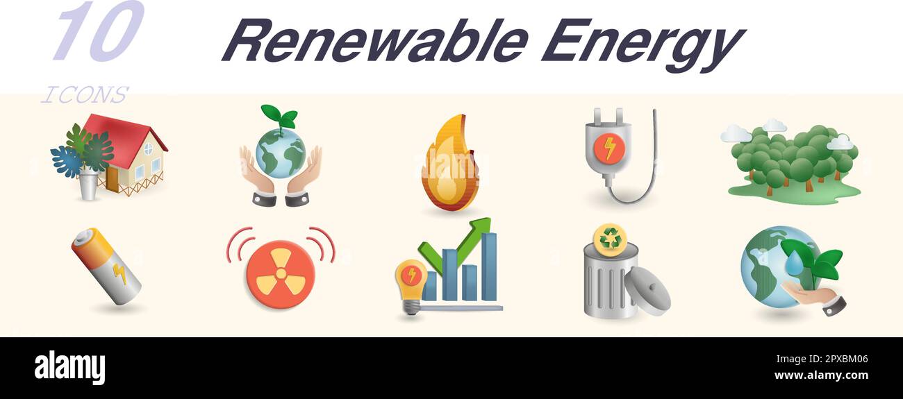 Renewable energy set. Creative icons: eco house, planet saving, fire ...