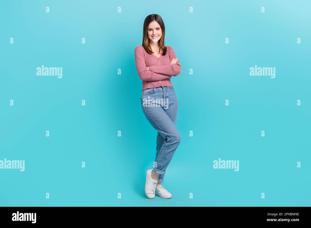 Full body photo of happy lady wear pink shirt denim jeans folded hands ...