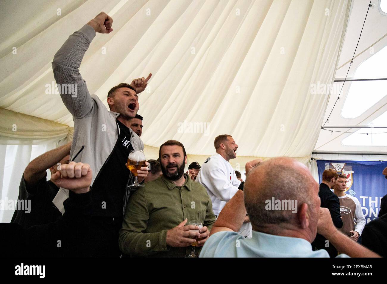 Penybont celebrate qualifying for the UEFA Europa Conference League at ...