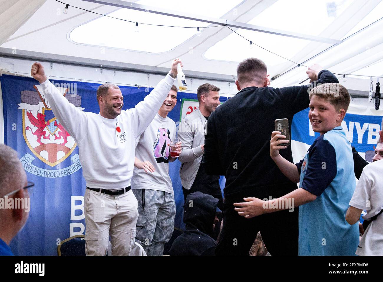 Penybont celebrate qualifying for the UEFA Europa Conference League at ...