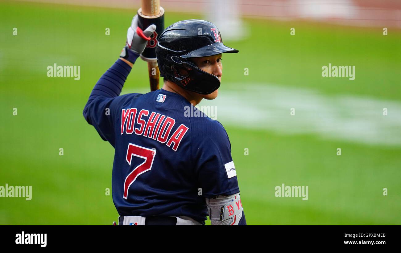 Boston Red Sox's Masataka Yoshida waits at the on deck circle against the Baltimore Orioles ...