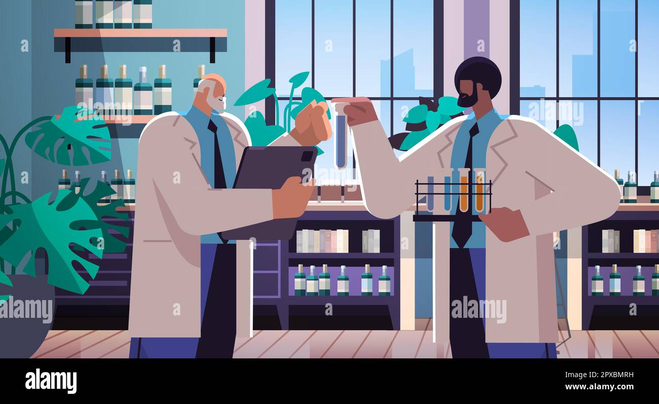 scientist team working together researchers in uniform making chemical experiments in laboratory ...