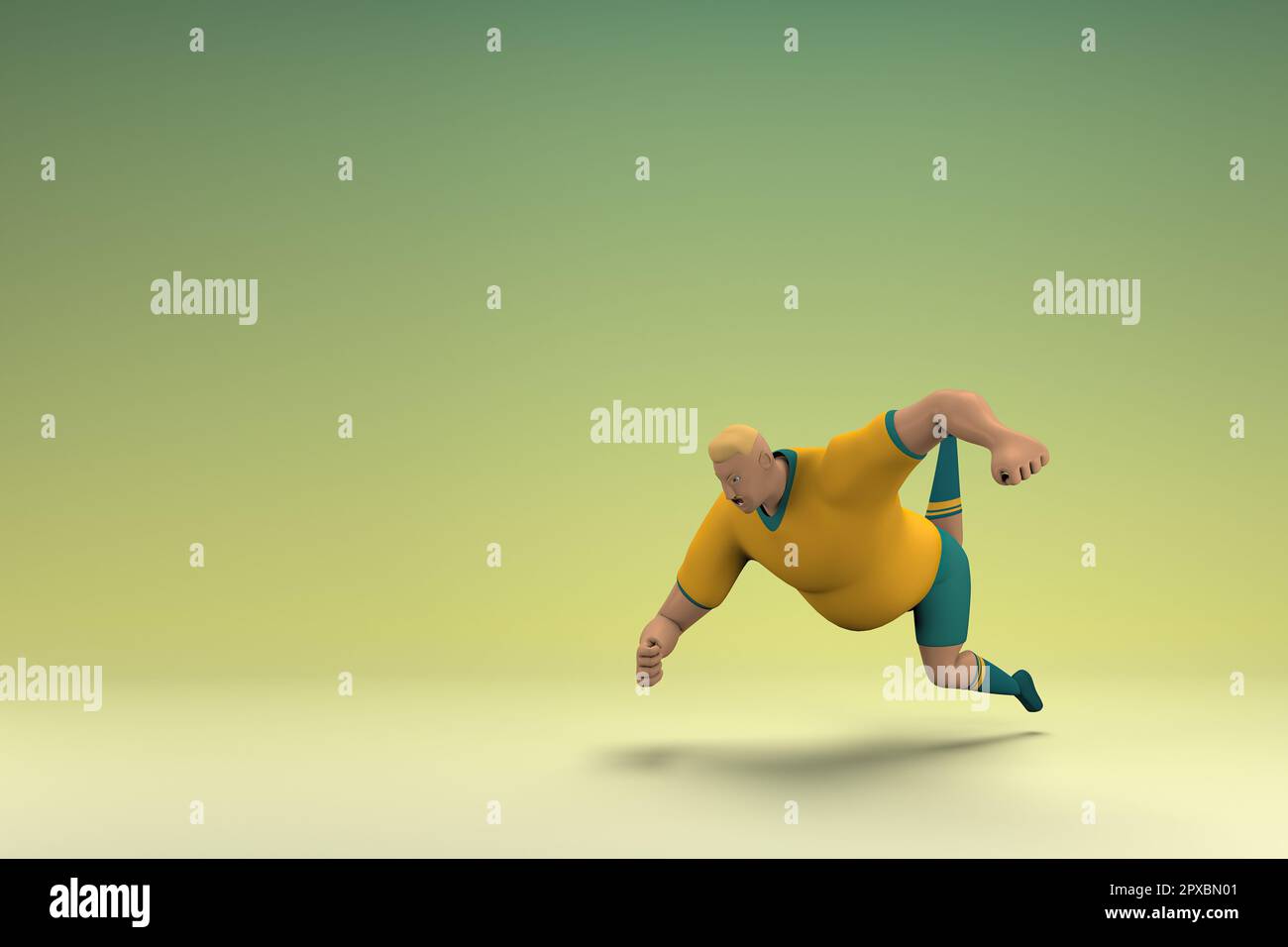 An athlete wearing a yellow shirt and green pants. He is falling down ...