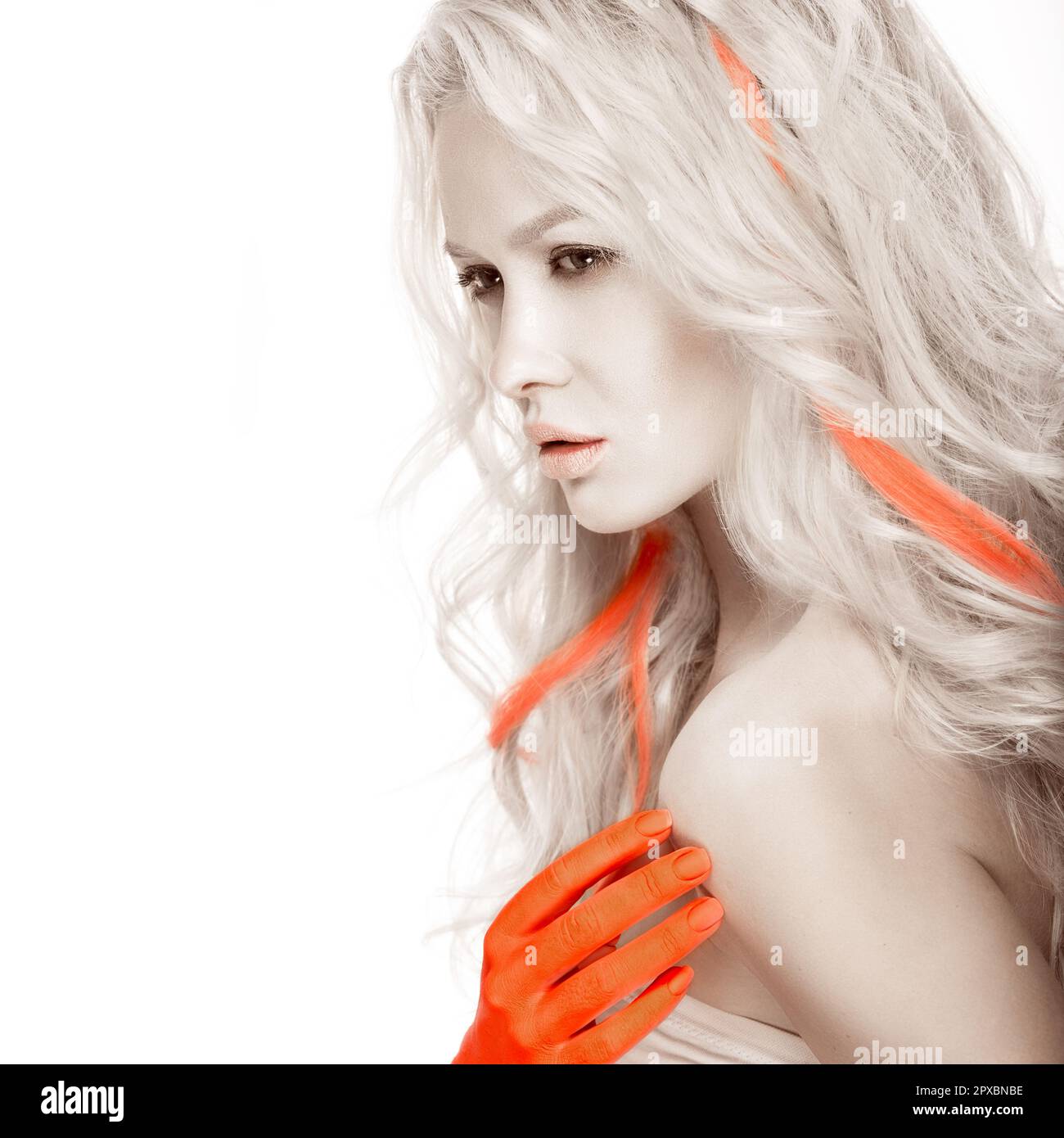 Art fashion girl with white skin in the form of albinos with red arms ...